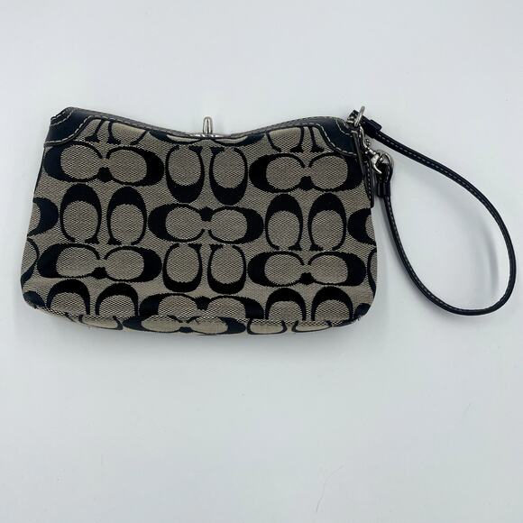 Coach | Bags | Coach Black Signature Logo Wristlet Black Silver ...
